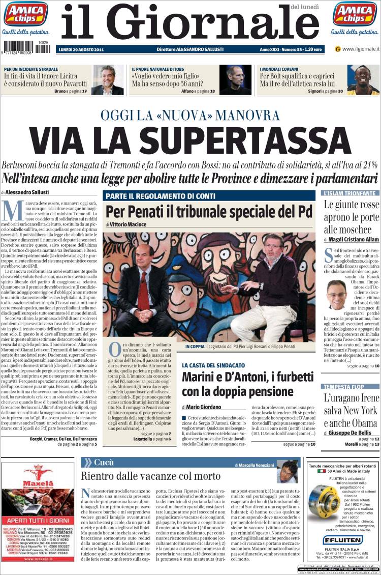 Le prime pagine di lunedì 29 agosto 2011 - Il Post