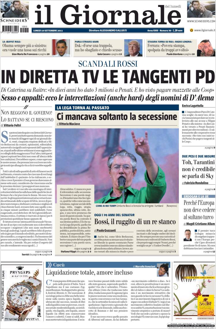 Le prime pagine di lunedì 19 settembre 2011 - Il Post