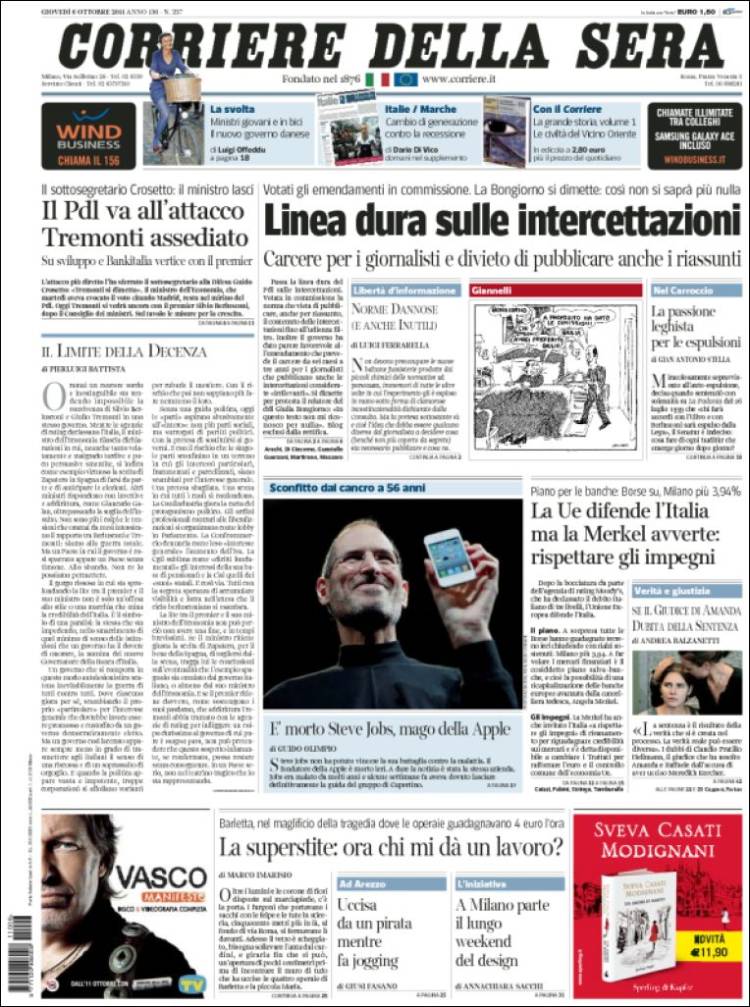 Le prime pagine di tutto il mondo sulla morte di Steve Jobs - Il Post