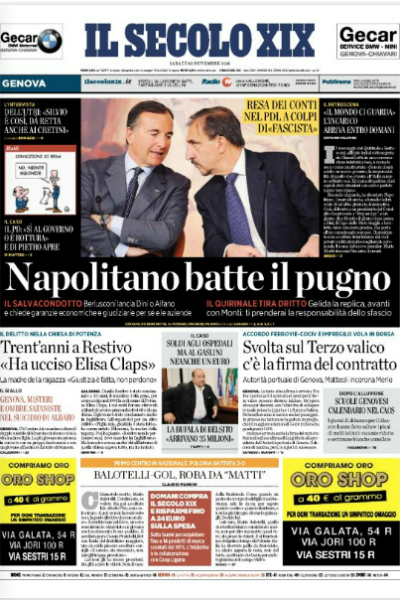 Le prime pagine di sabato 12 novembre 2011 - Il Post