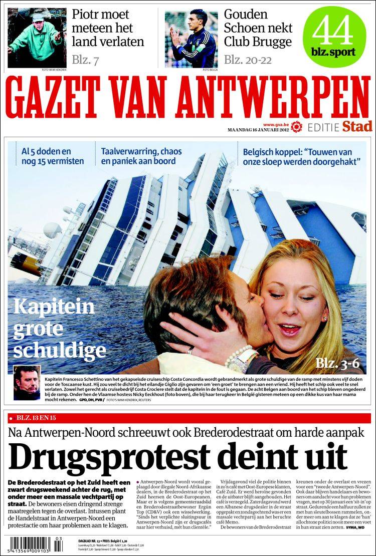 Le prime pagine internazionali di oggi sulla Costa Concordia - Il Post