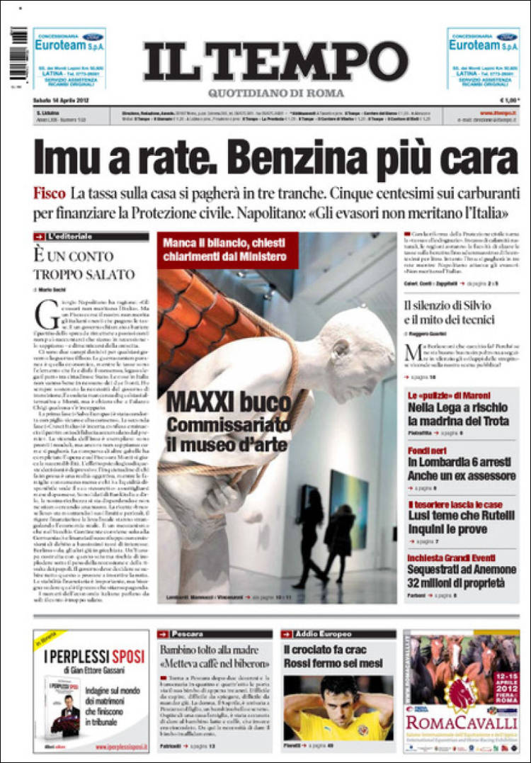 Le prime pagine di sabato 14 aprile 2012 - Il Post