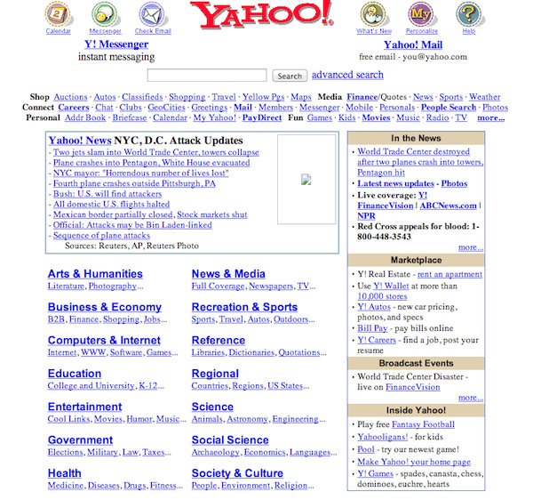 Le homepage statunitensi l'11 settembre 2001 - Il Post