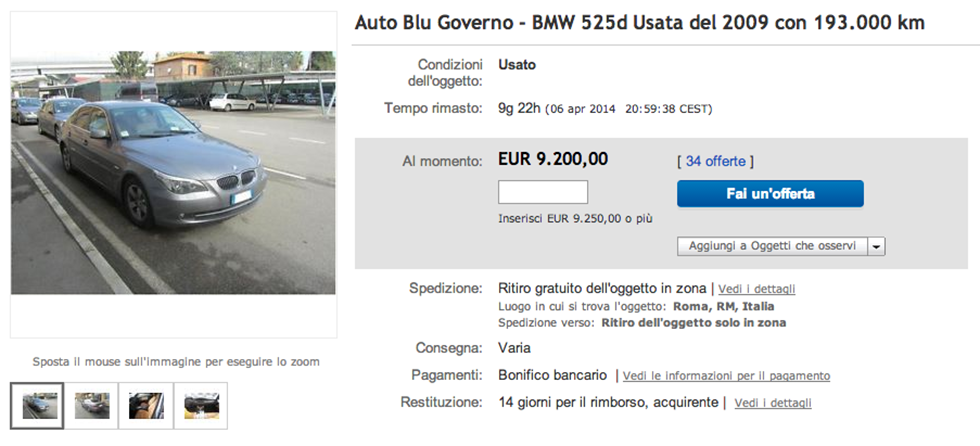 Le auto del governo su eBay