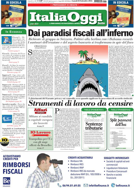 Le prime pagine di lunedì 26 settembre 2016 - Il Post