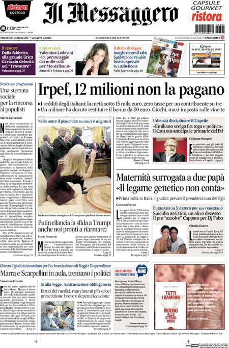 Le prime pagine di mercoledì 1 marzo 2017 - Il Post
