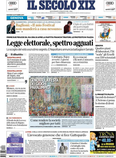 Le prime pagine di giovedì 12 ottobre 2017 - Il Post
