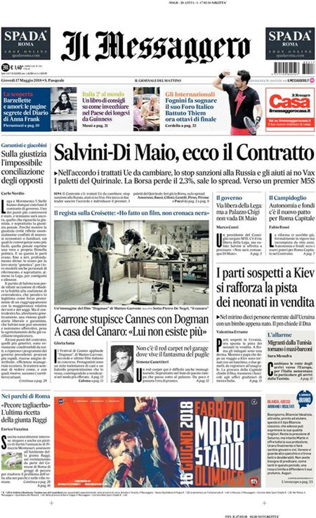 Le prime pagine di giovedì 17 maggio 2018 - Il Post