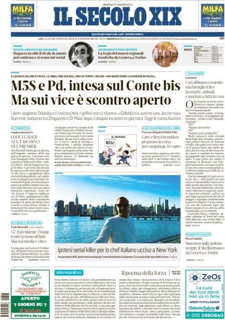 Le prime pagine di martedì 27 agosto 2019 - Il Post