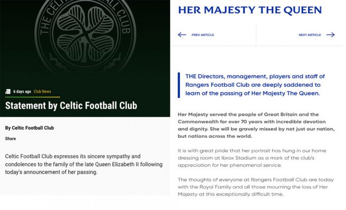 La morte della regina Elisabetta II vista dalle due squadre di Glasgow ...