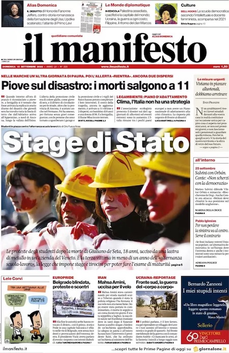 Le prime pagine di domenica 18 settembre 2022 - Il Post