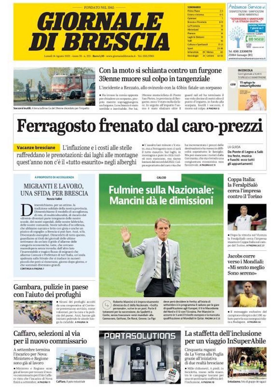 Le prime pagine di lunedì 14 agosto 2023 - Il Post
